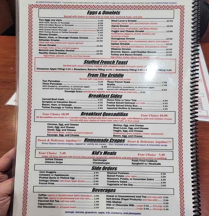 A menu this generous deserves its own reading glasses, stuffed French toast, breakfast quesadillas, and omelets galore.