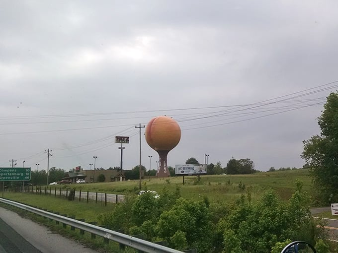 Even on overcast days, this colossal peach manages to brighten the highway like a beacon of Southern whimsy.