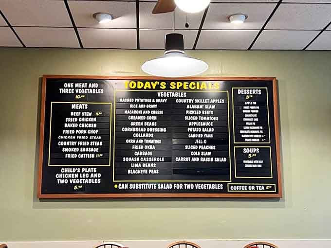 A chalkboard full of Southern classics so good, choosing just three vegetables feels genuinely stressful in the best possible way.