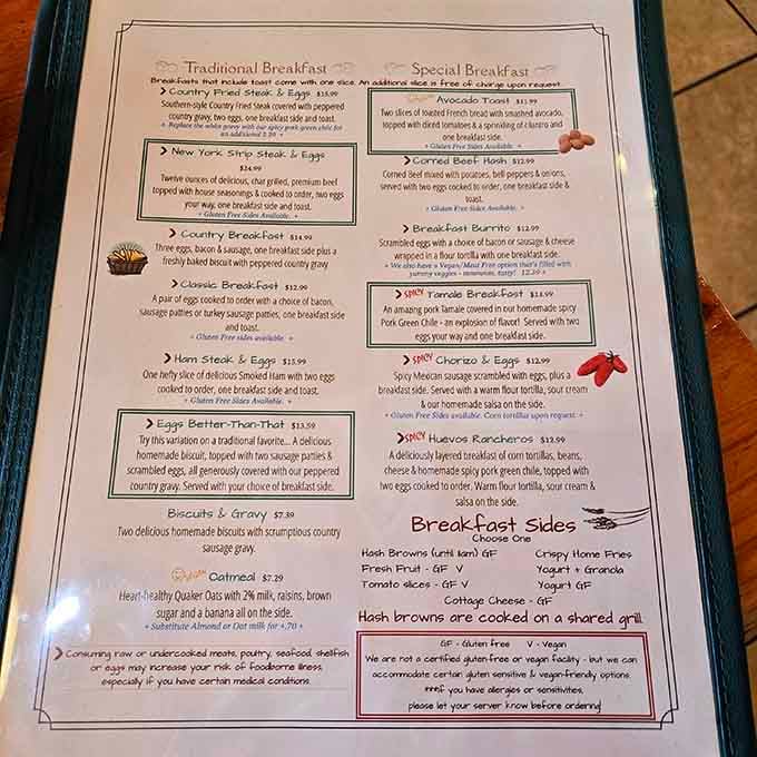 A menu that reads like a love letter to anyone who believes breakfast deserves serious respect.