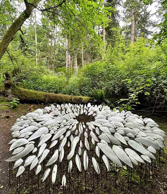 Hundreds of white ceramic forms arranged in a perfect circle, quietly hypnotic and completely unforgettable on the forest floor.