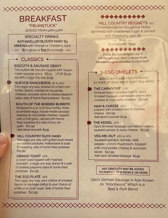 The breakfast menu features Hill Country beignets and duck hash, because ordinary mornings are overrated around here.