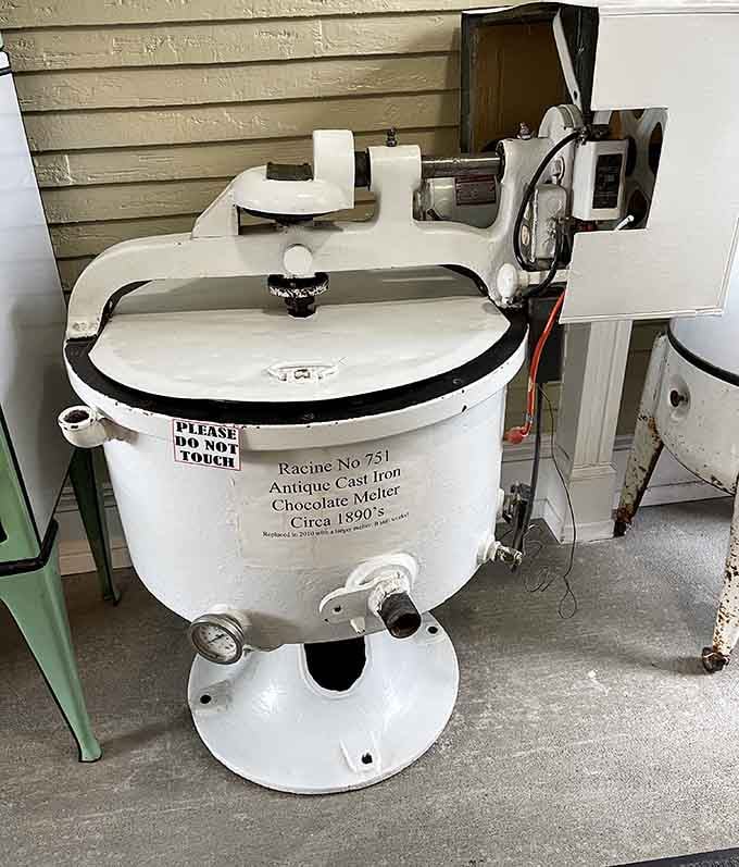 A chocolate melter from the 1890s that still commands respect. The "Please Do Not Touch" sign means business.