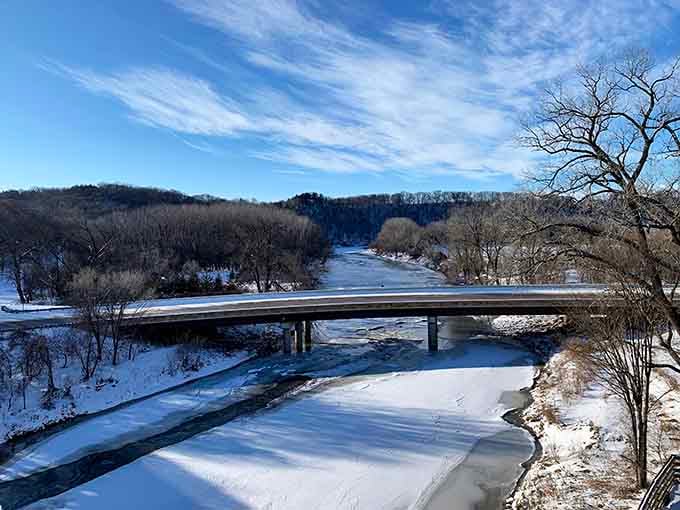 Winter transforms this bridge into a scene straight from a Currier and Ives print.