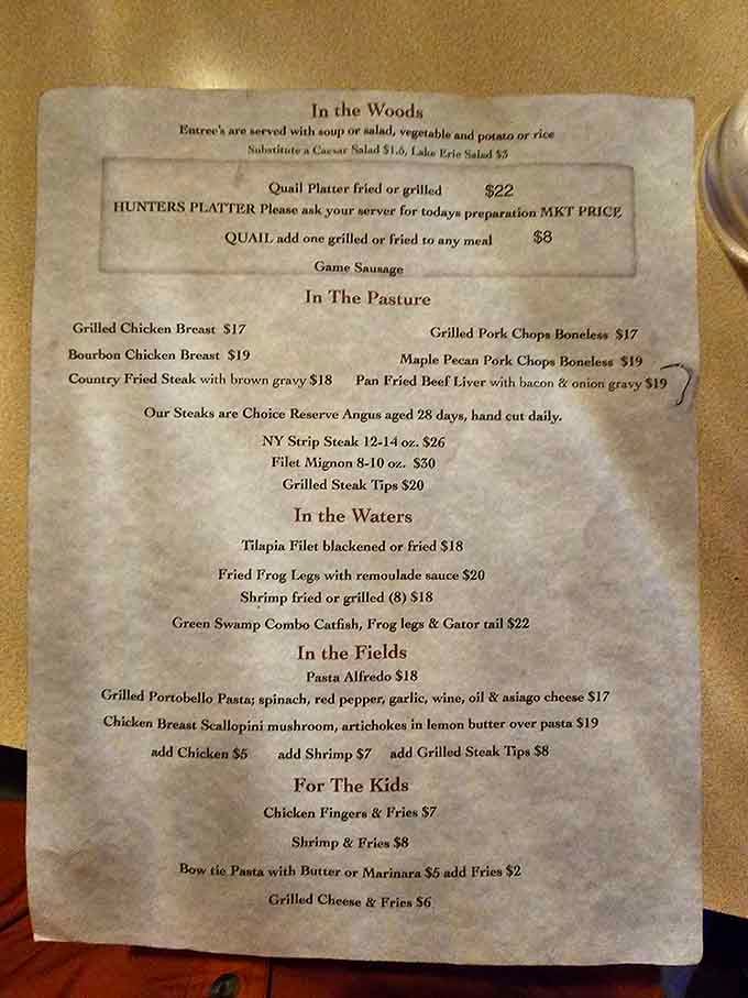 When the menu has sections called "In the Woods" and "In the Waters," you know you're somewhere genuinely special.