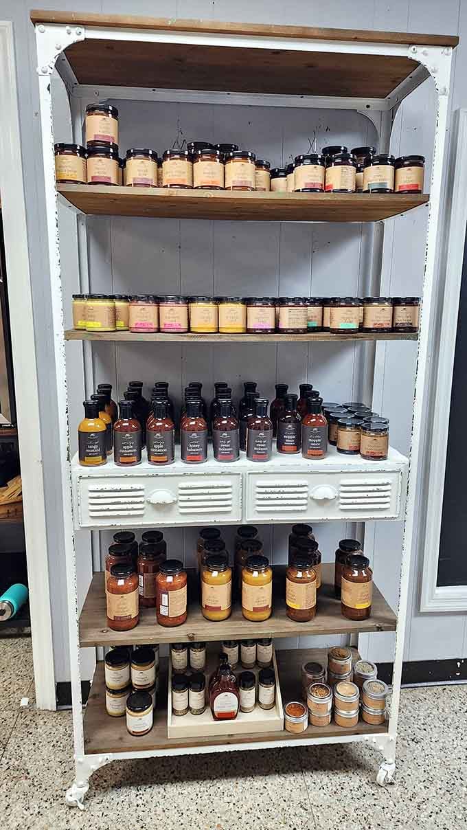 Rows of artisan sauces and jams lined up neatly, because some souvenirs are best enjoyed straight from the jar.