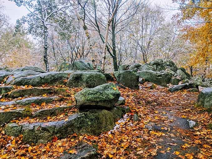 Autumn leaves carpet the ancient stones. October at Rib Mountain is basically nature showing off.