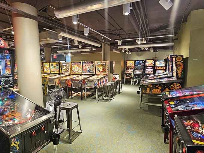 A second room packed with machines proves this place means serious business, one flipper at a time.