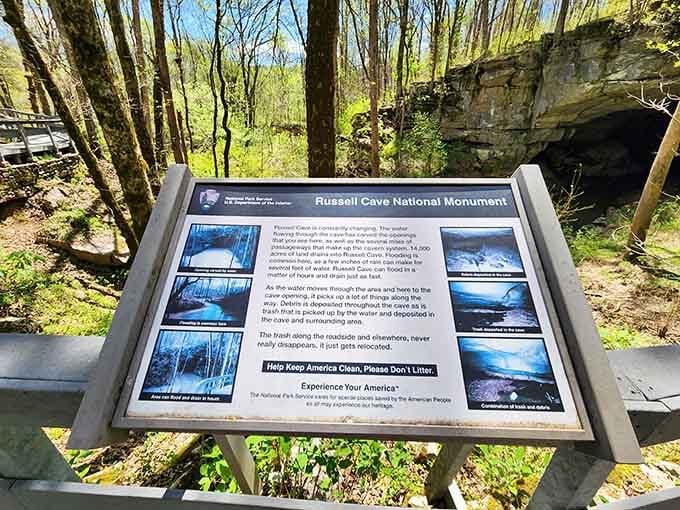 Even the informational signs here earn their keep. Russell Cave has stories worth stopping to read.