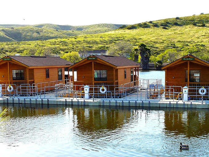 Those rolling green hills behind the floating cabins prove California isn't all beaches and palm trees after all.