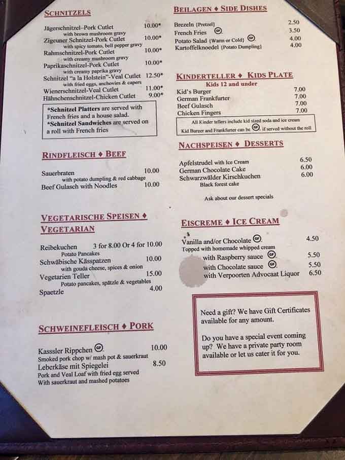 A menu written in both German and English, because good food deserves to be understood by everyone.