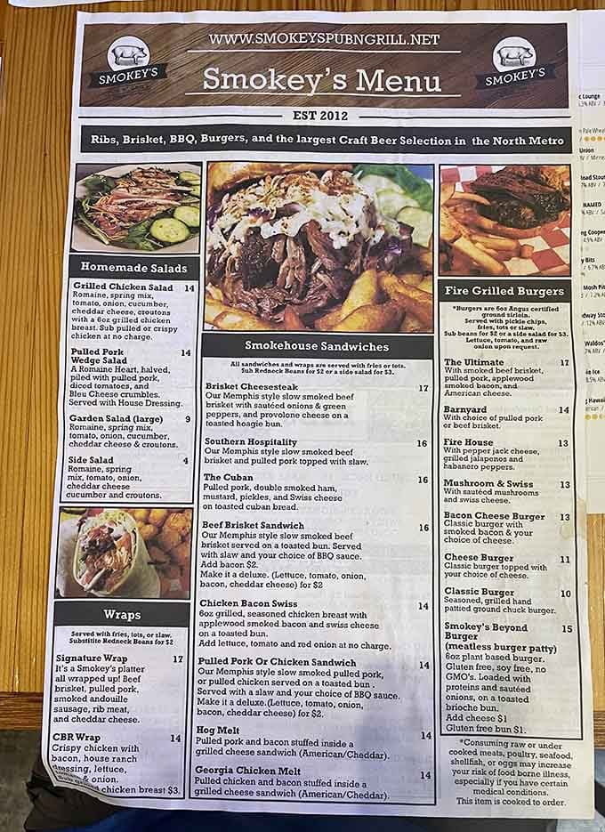 A menu that reads like a love letter to smoked meats, craft beer, and good decisions.
