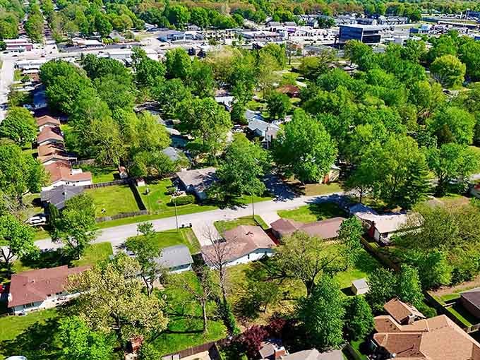 Tree-lined streets and cozy rooftops in Southern Hills, proof that affordable living doesn't mean sacrificing the good stuff.