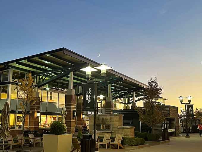 Sunset transforms the outlets into something almost romantic, if shopping can be considered a love language.