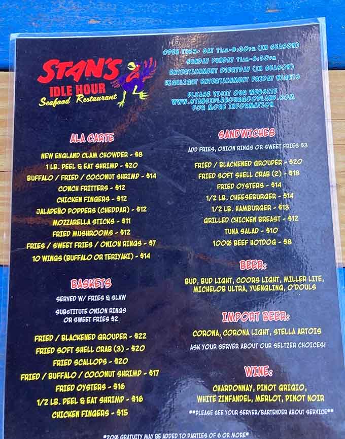 A menu that knows exactly what it is. Fresh seafood, cold drinks, no nonsense, and absolutely no reason to look anywhere else.