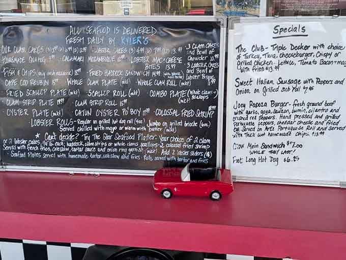 Fresh seafood delivered daily by Kyler's, because a chalkboard menu this honest deserves your full attention.