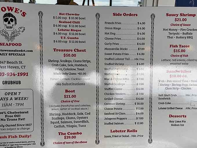 A menu this generous is basically a love letter written entirely in seafood, chowder, and good decisions.