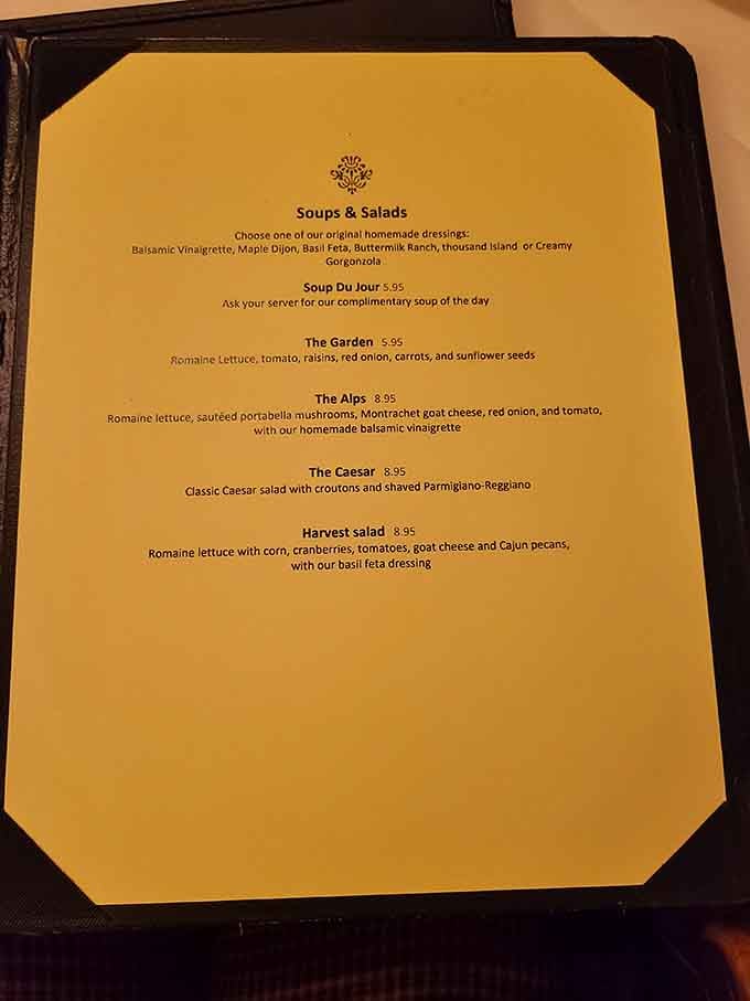 Six homemade dressings on one menu, proof that this kitchen takes the small things seriously.