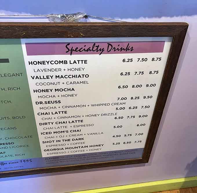 A specialty drinks menu so creative it deserves its own fan club, from Honeycomb Lattes to Georgia Mountain Honey.