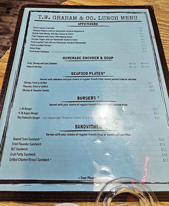 A menu that reads like a love letter to the South Carolina coast, written in fresh seafood.