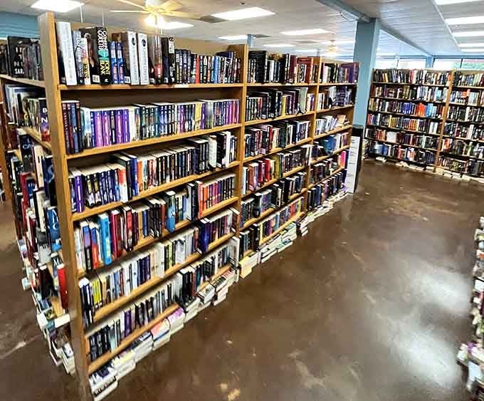 Tall shelves stretching toward the ceiling, loaded with hardcovers, this is what a book lover's dream actually looks like.