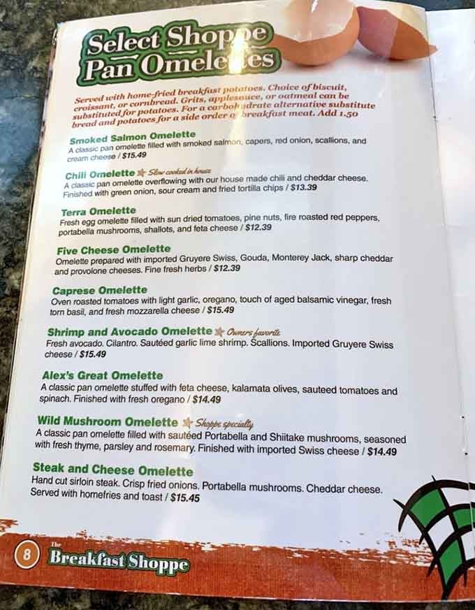 Nine pan omelettes on one page, each one more tempting than the last. This is a serious menu.