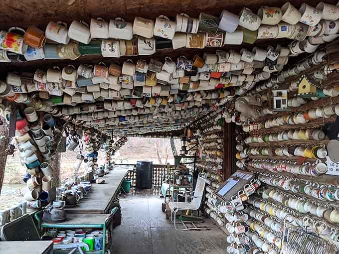 When the ceiling is covered in mugs, you stop worrying about the weather and start counting handles.