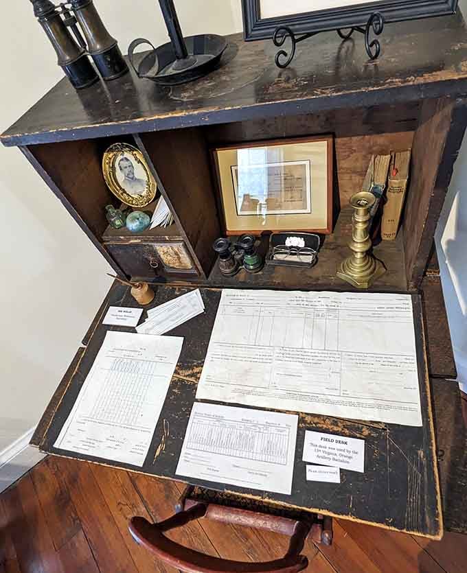 A field desk full of secrets, paperwork, and history. The original "open office concept" wasn't glamorous either.