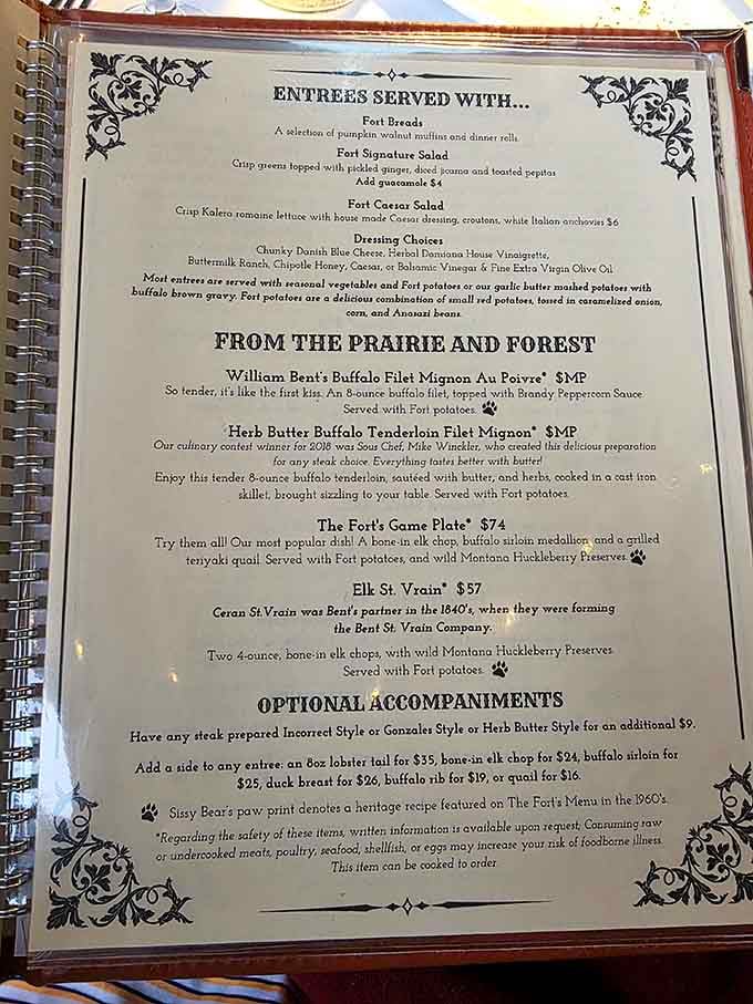 A menu where buffalo filet and elk chops share the page. The frontier had excellent taste.