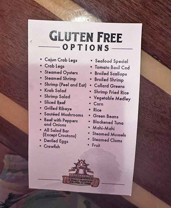This gluten-free menu proves Benjamin's thinks of everyone, from crab legs to collard greens and beyond.
