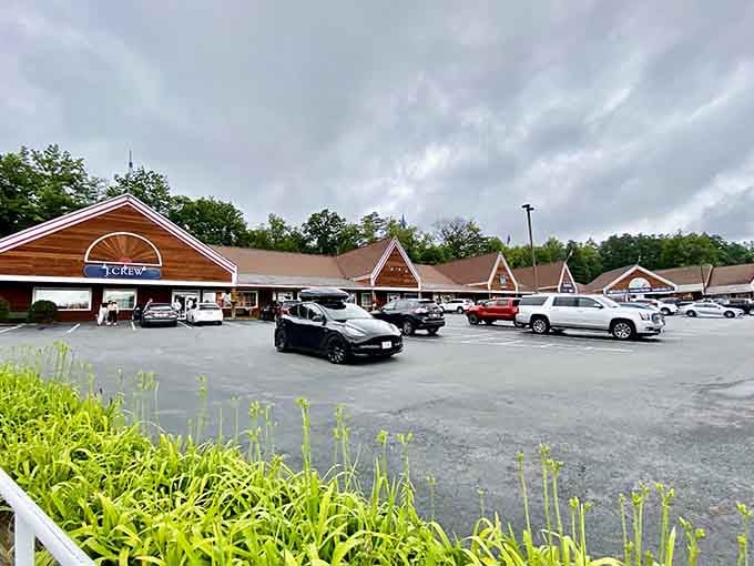 J.Crew anchors this charming row where mountain views come free with every purchase, no coupon required for that perk.