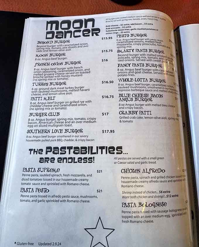 A menu with burger names like "Southern Love" and "Fancy Pants" is a menu that genuinely enjoys its job.