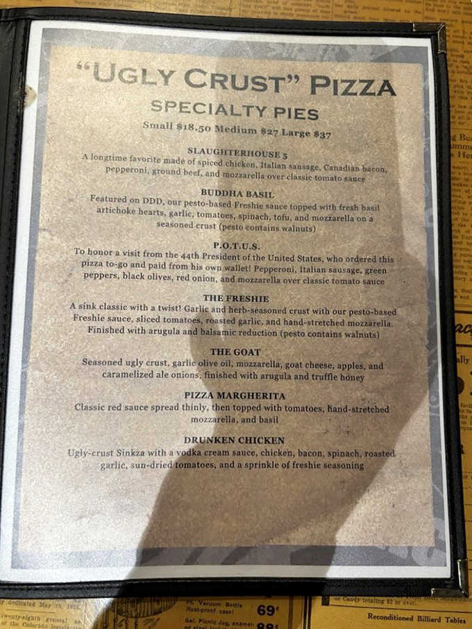 The Ugly Crust pizza menu reads like a greatest hits album. Every single track is a banger.