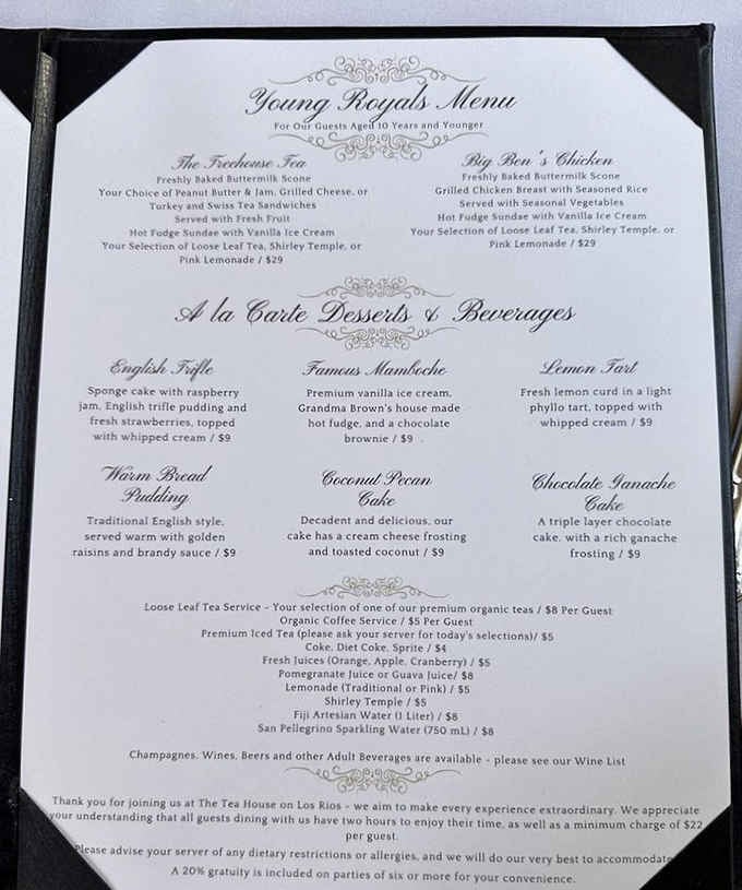 The menu reads like poetry, promising an afternoon of refined indulgence and delicious decisions ahead.