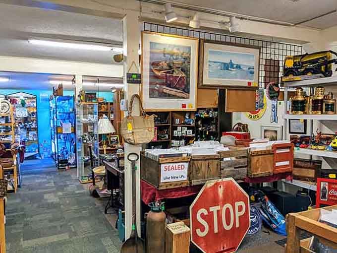 Sealed LPs, vintage signs, and framed coastal art, this aisle alone could keep you busy for an hour.