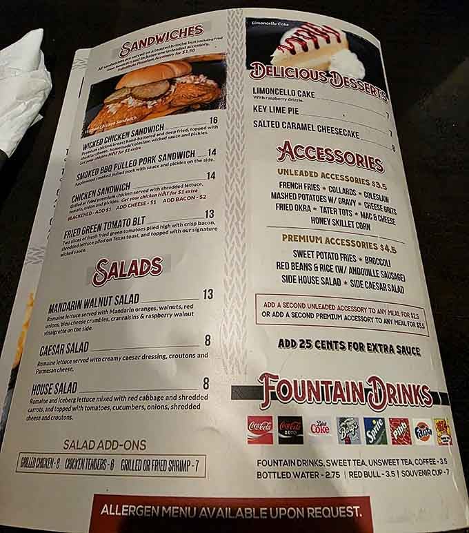 A menu that reads like a love letter to comfort food, with sides called "accessories" because of course they are.