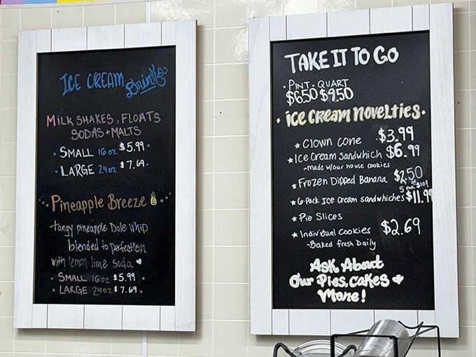 A chalkboard menu that reads like a love letter to anyone who believes dessert deserves its own paragraph.