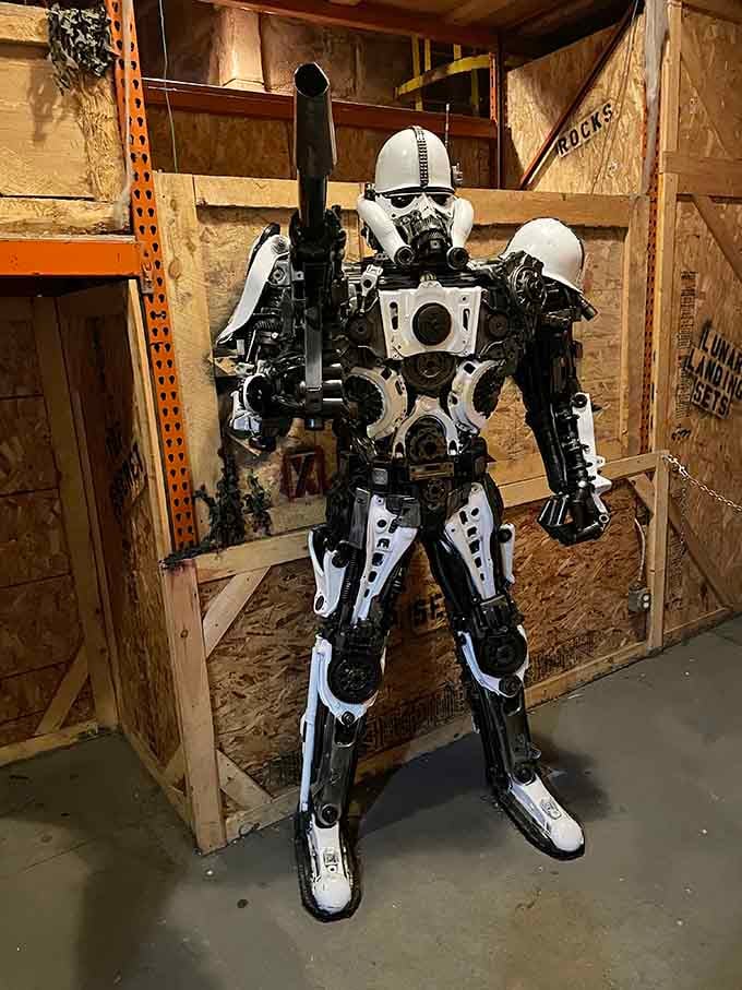 This Stormtrooper, built entirely from salvaged metal parts, means serious business inside Top Secret.