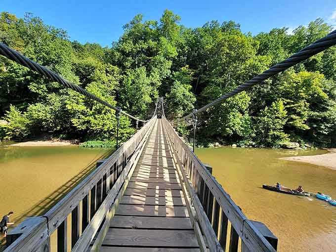 This suspension bridge over Sugar Creek makes every step feel like the opening scene of an adventure film.