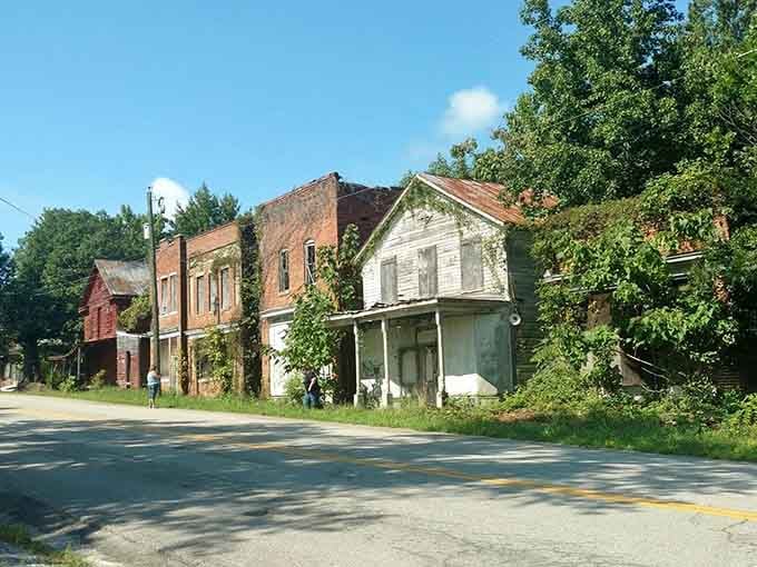 Brick storefronts that once displayed goods now showcase only shadows, broken glass, and persistent Virginia vegetation.