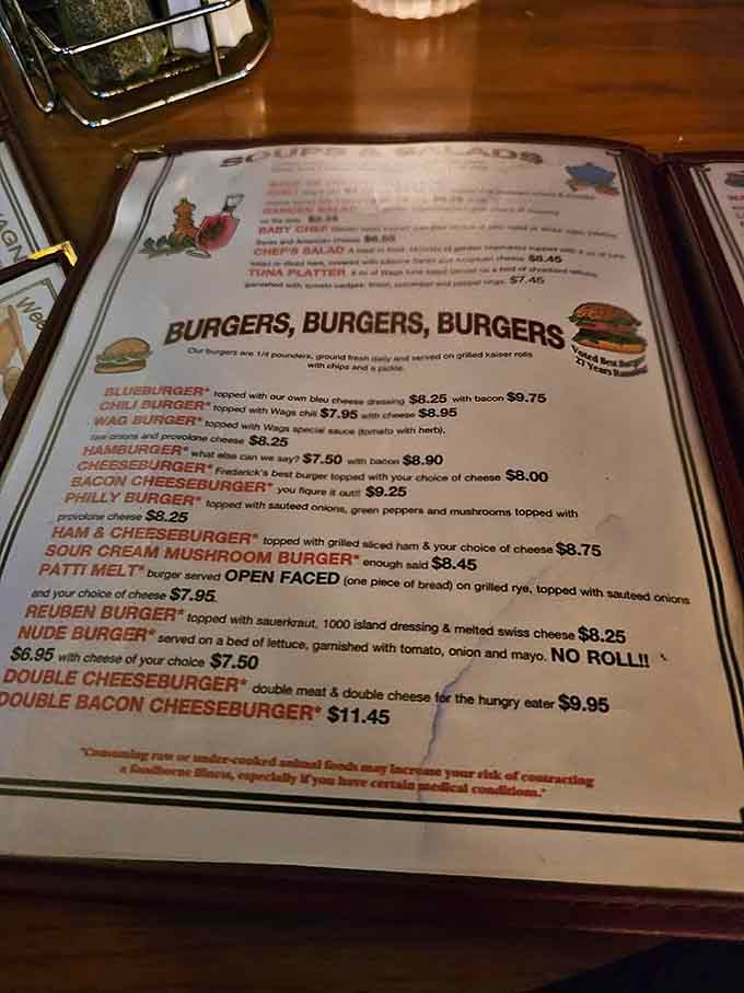 A menu that opens with "BURGERS, BURGERS, BURGERS" is a menu that knows exactly what it's doing and isn't apologizing for it.