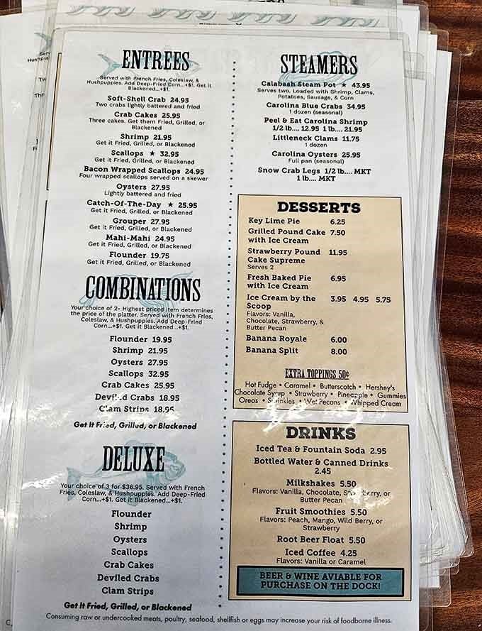 A menu this honest deserves a standing ovation. Steam pots, fresh catch, and grilled scallops. Yes, please.