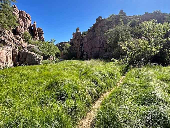 A grassy trail winds through emerald fields toward ancient granite towers, like nature carved its own doorway.