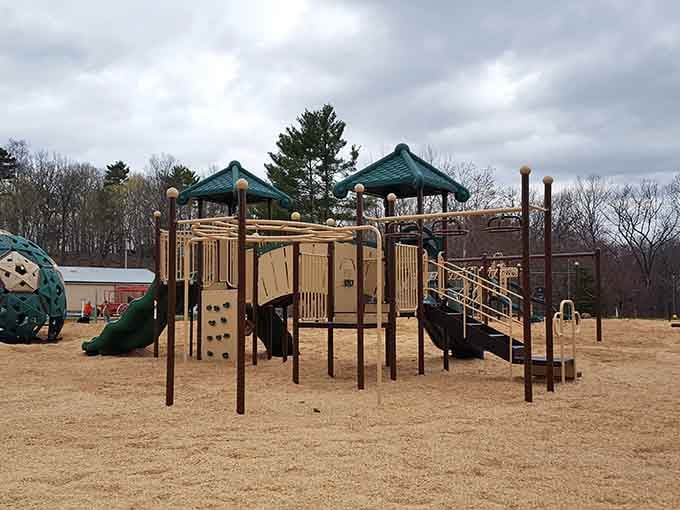 This playground means business. Climbing walls, slides, and enough structure to tire out even the most energetic city kid.