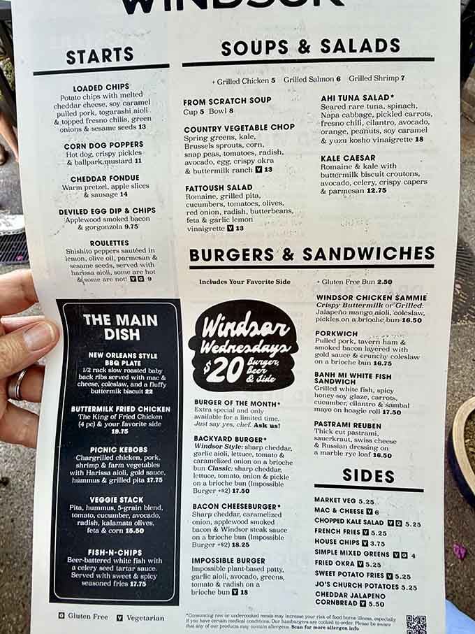 Windsor's menu reads less like a list and more like a very persuasive argument for staying all afternoon.
