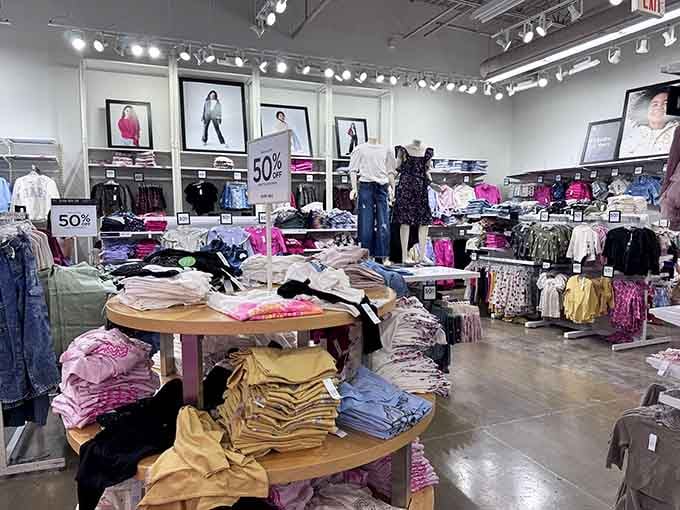 Colorful stacks of kids' clothing at serious discounts, because children grow fast and wallets shouldn't suffer for it.