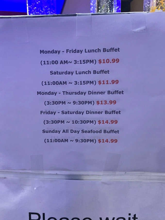 A schedule built for serious eaters. Sunday's all-day seafood buffet alone is worth circling on your calendar.