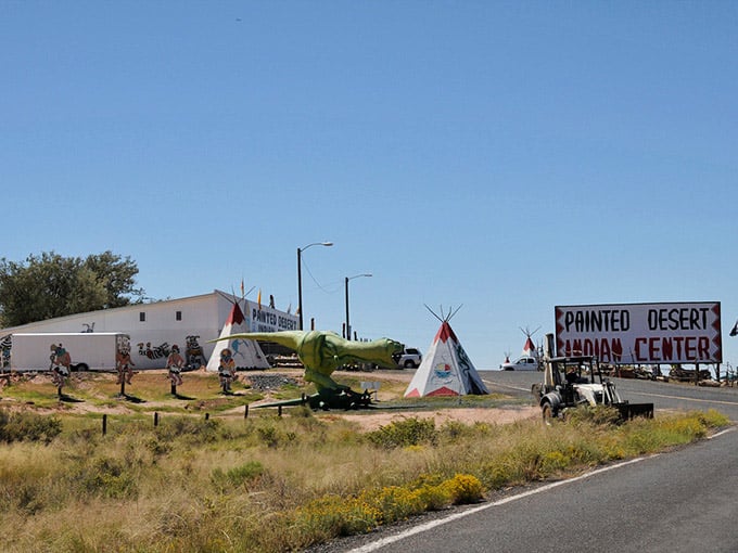 A roadside dinosaur and a teepee walk into a desert, and somehow it all makes perfect Route 66 sense.