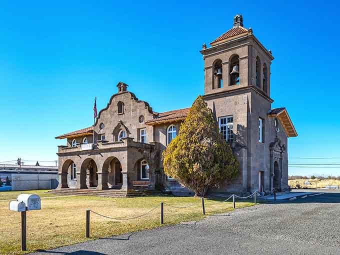 This stone bell tower rising against a cobalt sky makes Alturas look like a forgotten movie set.