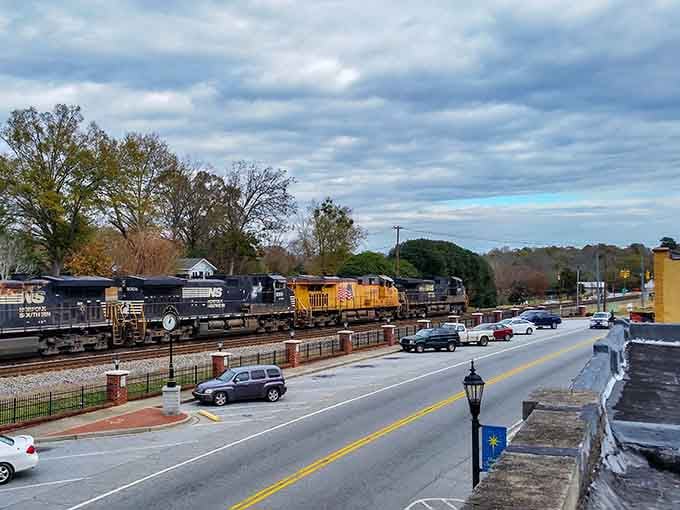Norfolk Southern locomotives rumble through Central like punctual neighbors who never actually stop to chat.